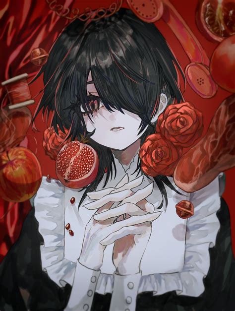 Taezuodoru 0 Original Highres 1girl Apple Black Hair Corded Phone Flower Food Fruit