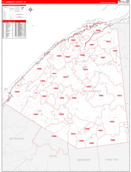 St Lawrence County Ny Zip Code Wall Map Red Line Style By Marketmaps