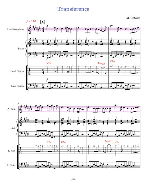 Transference Sheet Music For Piano Saxophone Alto Guitar Bass Guitar