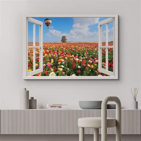Idea4wall Window Scenery Window View Hot Air Balloon Tulip Daisy Rose