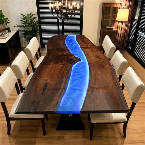 Custom Black Walnut Glow Epoxy Resin Dining Table With Led Lights Crt Seawavetable