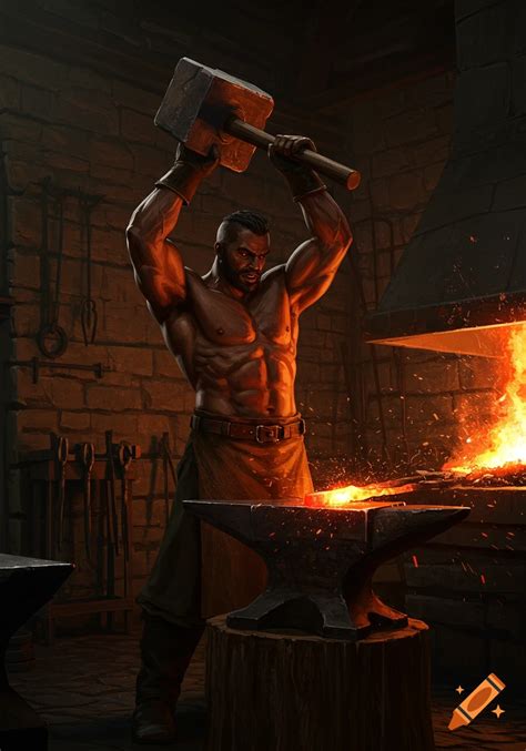 Muscular Medieval Blacksmith Hammering A Hot Sword On An Anvil In A