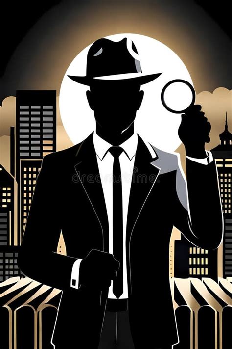 Silhouette Of Detective Man With Magnifying Glass Stock Illustration