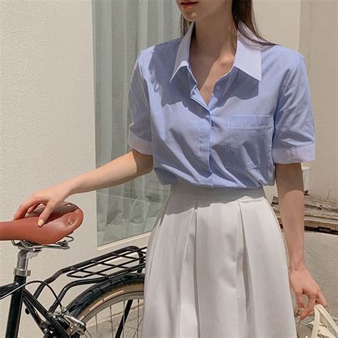 베니토 Made 필립 스트라이프 배색 반팔 블라우스 여름데일리하객룩오피스룩셔츠