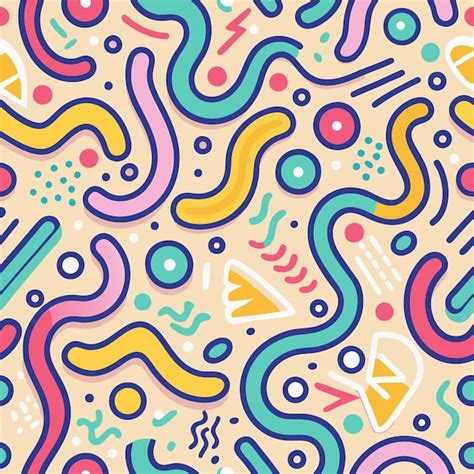 Abstract Seamless Pattern With Colorful Lines Dots And Swirls On A Light Yellow Background