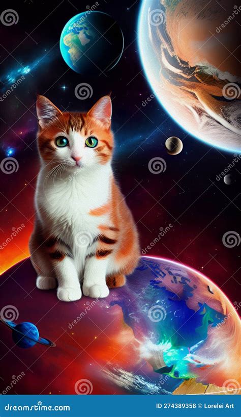 Relaxed Cat Sitting On A Planet In Space Stock Illustration