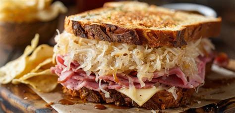 Closeup Of A Grilled Pastrami And Sauerkraut Sandwich On Rye Bread
