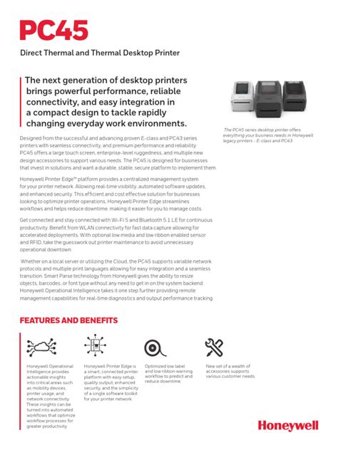 Pc45 Direct Thermal And Thermal Transfer Desktop Printer Datasheet En