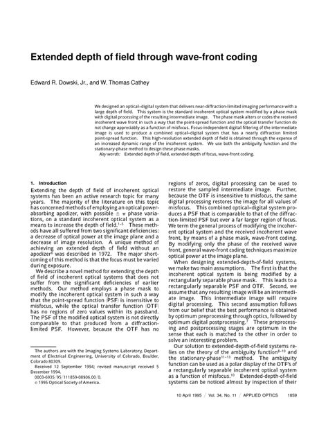 PDF Extended Depth Of Field Through Wave Front Coding