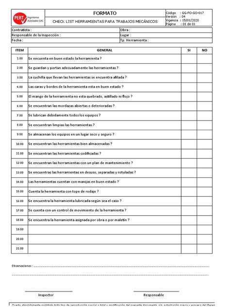 Gg Fo Go 017 Check List Herramientas Para Trabajo Mecánico Rev03 Pdf
