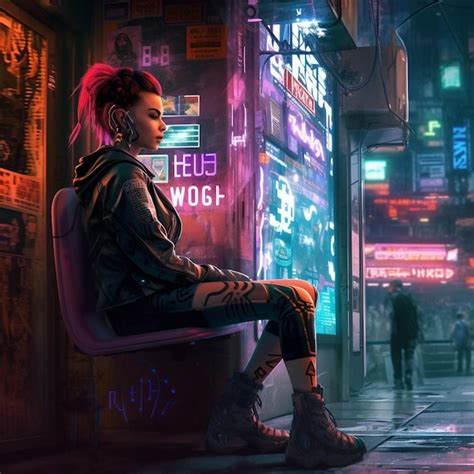 Premium Ai Image Anime Girl Sitting On A Bench In A City At Night