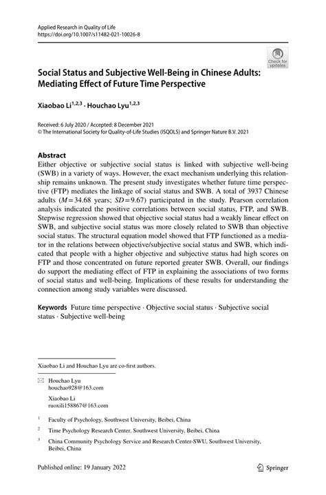 Pdf Social Status And Subjective Well Being In Chinese Adults