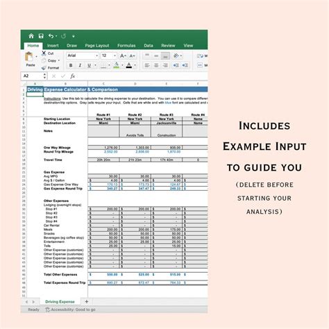 Driving Expense Calculator Travel Comparison Template Excel Instant Download Etsy
