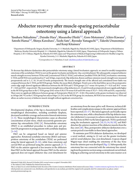Pdf Abductor Recovery After Muscle Sparing Periacetabular Osteotomy Using A Lateral Approach