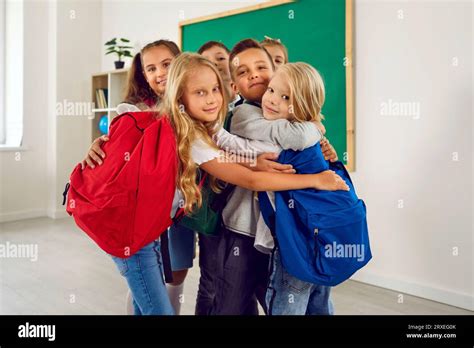 Little School Best Friends Are Happy To Meet In School Classroom After