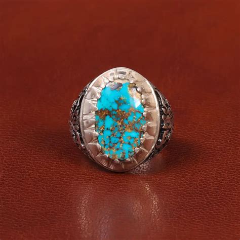 Mens Silver Ring With Shajri Turquoise Machine Crafted Nishapur