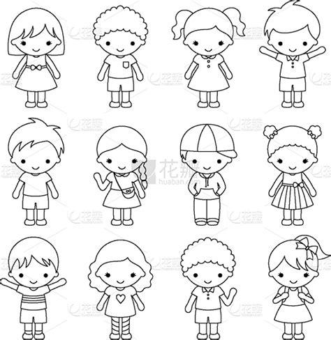 矢量绘画插图轮廓儿童性格可爱的多样小学肖像小的