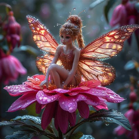 Fairy Girl Is Sitting On A Fuchsia Flower Fuchsia Is Huge Shimmers
