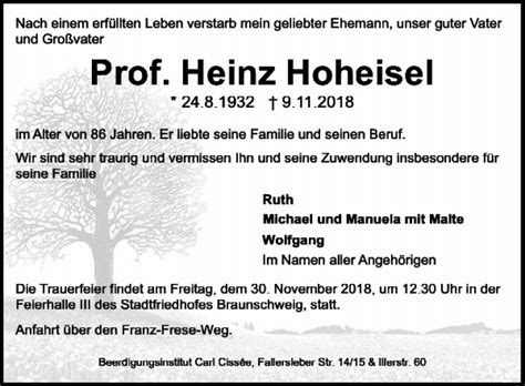 Traueranzeigen Von Prof Heinz Hoheisel Trauer38de