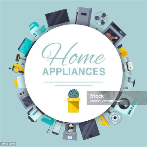 가전 제품 포스터 평면 그림 벡터입니다 현대 기술 집 기계 장비 국내 기기 자동화 장치 가사 집안일에 대한 스톡 벡터 아트 및