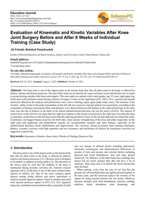 Pdf Evaluation Of Kinematic And Kinetic Variables After Knee Joint
