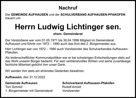 Traueranzeigen Von Ludwig Lichtinger Mittelbayerische Trauer