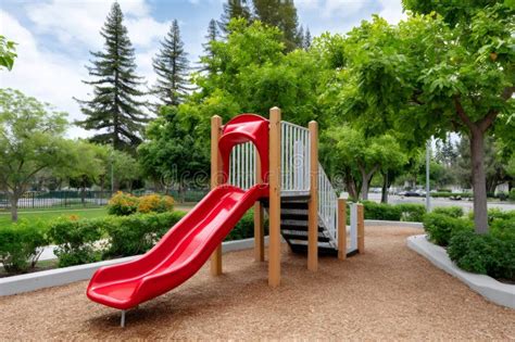 Red Slide On Playground With Wood Chips Background Stock Illustration