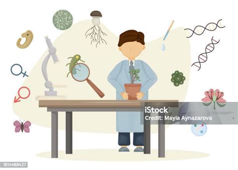 귀여운 그래픽 과학자 캐릭터 현재 실험 와 생물학 과학 용품 클립아트 건강관리와 의술에 대한 스톡 벡터 아트 및 기타 이미지