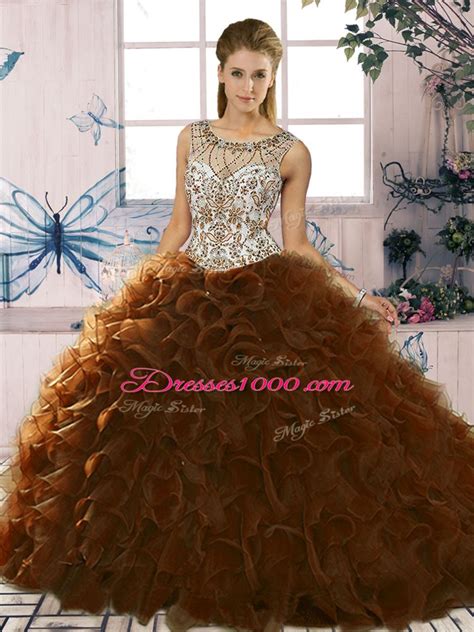 Cheap Brown Organza Lace Up 15 Quinceanera Dress Sleeveless Floor