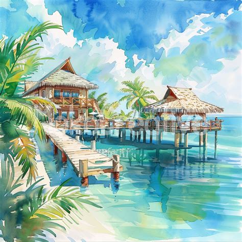 Watercolor Tropical Resort Clipart Caribbean Vacation Designs Digital