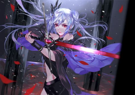Anime Girl With White Hair And Red Eyes With Sword