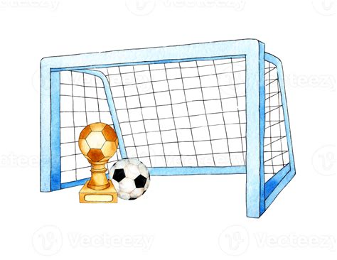 Set Of Watercolor Illustrations Of Soccer Goal Ball And Cup Sports