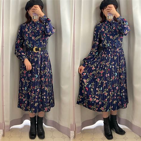 Butterfly And Botanical Motif Pleated Dress〈レトロ古着 蝶々andボタニカル モチーフ プリーツワンピース
