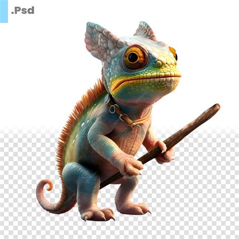 Premium Psd Chameleon With A Stick On A White Background 3d