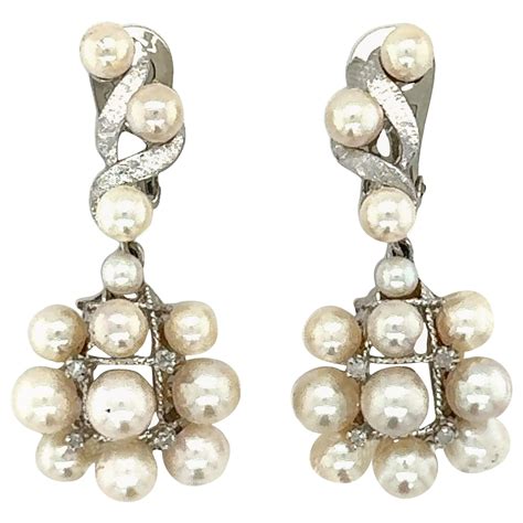 Pearl Dangle Earrings With Diamond And Sapphire In 14k Gold For Sale At