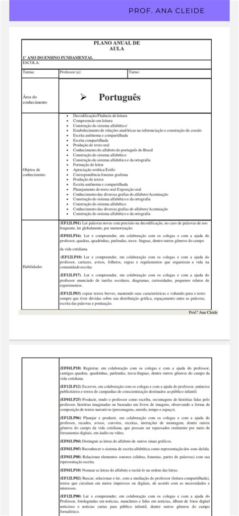 Plano Anual 1º Ano Do Ensino Fundamental De Acordo Com A Bncc Ana