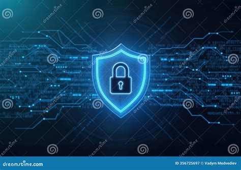digital shield with lock graphic shows tech security binary code background with glowing blue