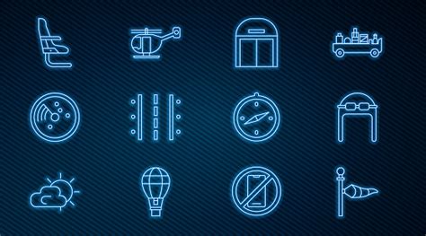 세트 라인 콘 기상학 윈드 삭 바람개비 고글이 달린 비행사 모자 항공기 격납고 공항 활주로 레이더 표적 모니터 비행기 좌석