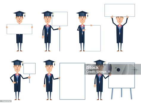 다른 빈 배너 포즈 대학원생의 집합입니다 쾌활 한 대학원 지주 포스터 종이 플 래 카드 화이트 보드를 가리키는 가 르 친다 홍보 광고 가리키기에 대한 스톡 벡터 아트 및