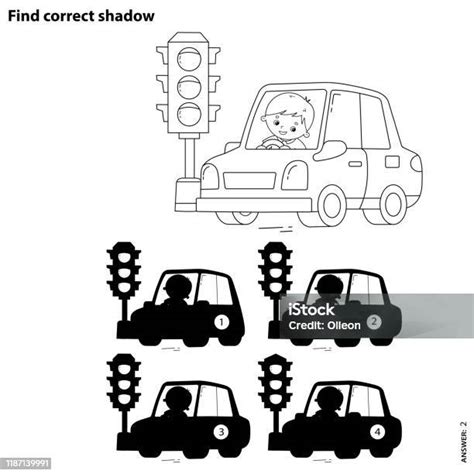 아이들을위한 교육 퍼즐 게임 올바른 그림자를 찾습니다 드라이버와 만화 자동차의 색칠 페이지 개요 어린이를위한 색칠 공부 책 검색에 대한 스톡 벡터 아트 및 기타 이미지