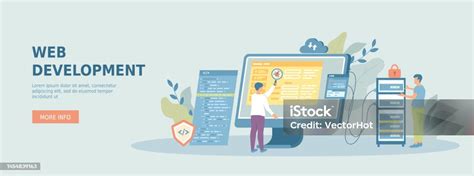 웹 개발 프로그램 코드 작성 소프트웨어 개발 및 프로그래밍 개발자 프로모션 웹 배너 사람들 캐릭터가 있는 만화 평면 벡터 삽화 개발에 대한 스톡 벡터 아트 및 기타 이미지