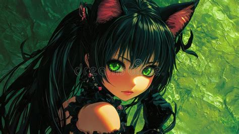 Enigmatic Green Eyed Anime Girl With Cat Ears Stock Illustration
