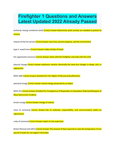 Firefighter 1 Questions And Answers Latest Updated 2022 Already Passed