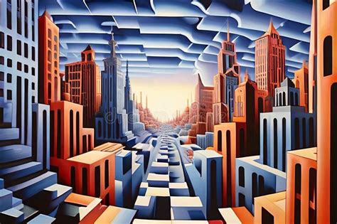Optical Illusion Cityscape Create A Sense Of Disorientation And Stock Illustration
