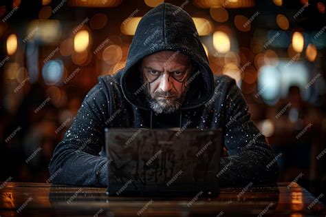 Visual Silhouette Of Hacker In Black Hoodie Sitting At Table With