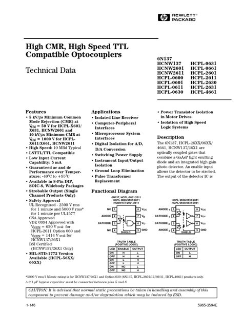 Hcpl 2611 Datasheet Pdf High Speed Ttl Compatible Optocouplers Download Hp Hcpl 2611