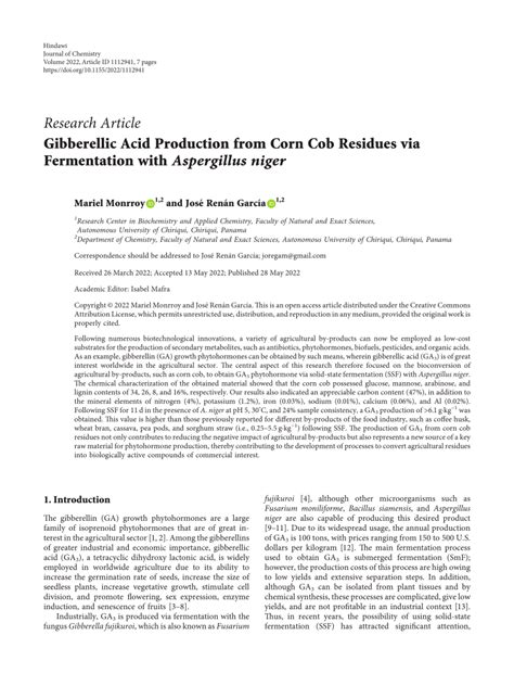 Pdf Gibberellic Acid Production From Corn Cob Residues Via Fermentation With Aspergillus Niger