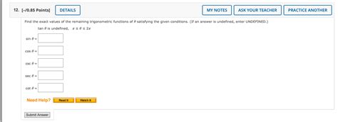 Solved Find The Exact Values Of The Remaining Trigonometric Chegg