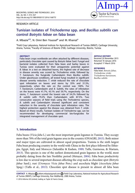 Pdf Tunisian Isolates Of Trichoderma Spp And Bacillus Subtilis Can Control Botrytis Fabae On