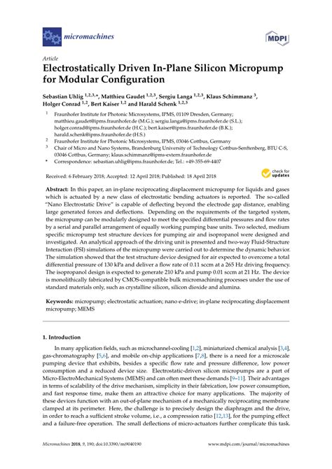 Pdf Electrostatically Driven In Plane Silicon Micropump For Modular